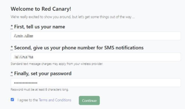 New user registration unable to click Continue – Red Canary Support